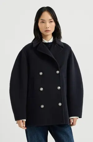 Brunello Cucinelli Hand-crafted Pea Coat In Virgin Wool And Cashmere Double Cloth With Monili - Cobalt