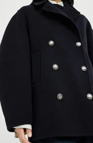 Brunello Cucinelli Hand-crafted Pea Coat In Virgin Wool And Cashmere Double Cloth With Monili - Cobalt