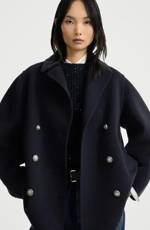 Brunello Cucinelli Hand-crafted Pea Coat In Virgin Wool And Cashmere Double Cloth With Monili - Cobalt