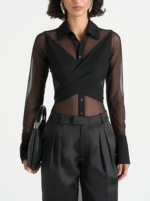 Manière De Voir Canelle Sheer Mesh Wrap-front Shirt Bodysuit Black