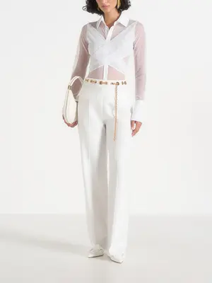 Manière De Voir Canelle Sheer Mesh Wrap-front Shirt Bodysuit - White