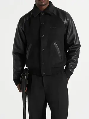 Manière De Voir Olivier Wool & Leather Raglan Varsity Jacket - Black