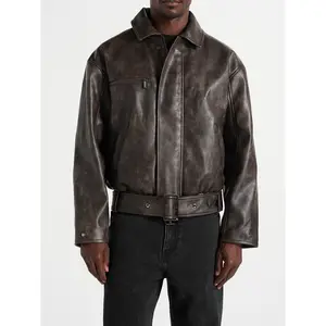 Manière De Voir Ezra Vintage Leather Belted Bomber Jacket - Brown