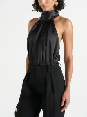 Manière De Voir Phoebe Satin Blouson Tie-neck Open Back Top - Black