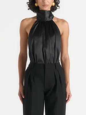 Manière De Voir Phoebe Satin Blouson Tie-neck Open Back Top