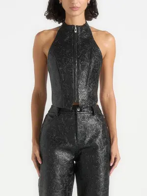 Manière De Voir Claudette Embossed Leather Halterneck Backless Top - Black