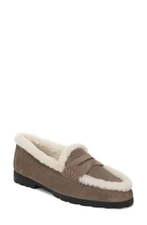 Veronica Beard Penny Lug Loafer With Genuine Shearling Trim - Bark Suede