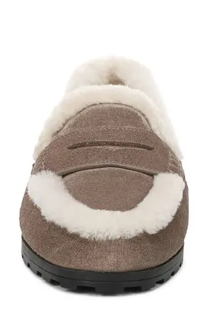 Veronica Beard Penny Lug Loafer With Genuine Shearling Trim - Bark Suede