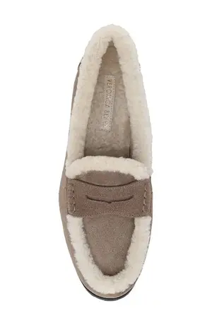 Veronica Beard Penny Lug Loafer With Genuine Shearling Trim - Bark Suede
