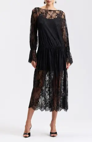 Avec Les Filles Lace Long Sleeve Drop Waist Midi Dress