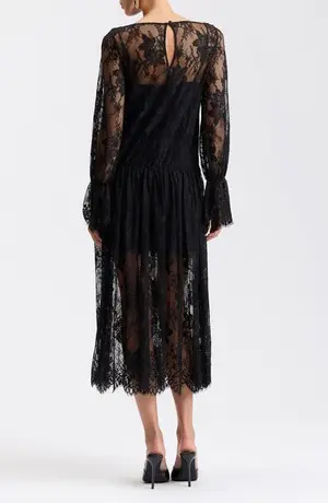 Avec Les Filles Lace Long Sleeve Drop Waist Midi Dress