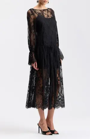 Avec Les Filles Lace Long Sleeve Drop Waist Midi Dress