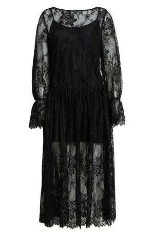 Avec Les Filles Lace Long Sleeve Drop Waist Midi Dress