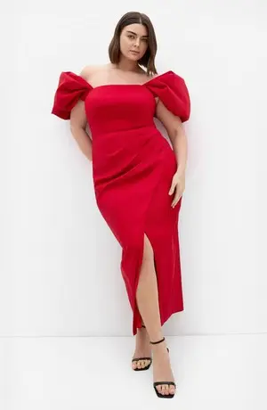 City Chic Elyse Off The Shoulder Dress - Tango Red