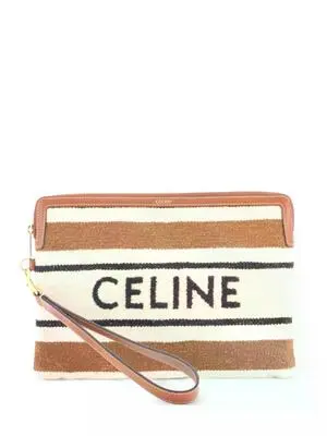 CELINE Logo Zip Wristlet Pouch Striped Jacquard Textile Small Clutch Bag