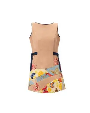 RONDOOZ Hand Painted Corduroy Mini Dress With Antique French Gobelin Tapestry & Hand Applied Embellishment - Brown