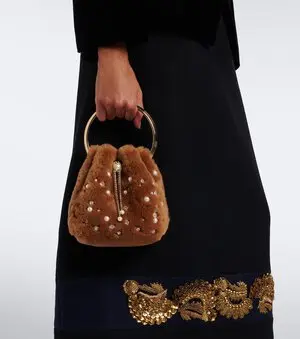 JIMMY CHOO Bon Bon Small Shearling Bucket Bag - Brown
