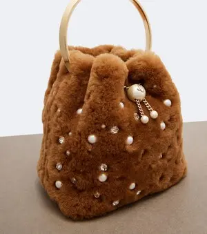 JIMMY CHOO Bon Bon Small Shearling Bucket Bag - Brown