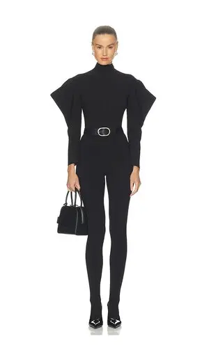 NORMA KAMALI Norma Kamali Wing Sleeve Open Back Bow Neck Catsuit In Black.
