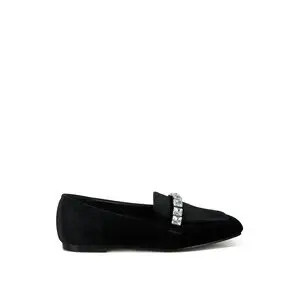 RAG & CO Kyari Velvet Diamante Strap Loafers In By - Black