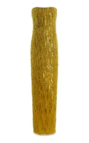 Monique Lhuillier Embroidered Fringe Strapless Maxi Dress