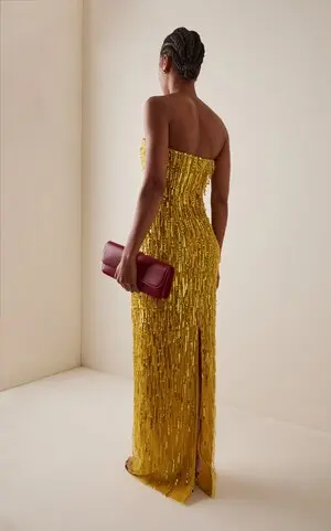 Monique Lhuillier Embroidered Fringe Strapless Maxi Dress