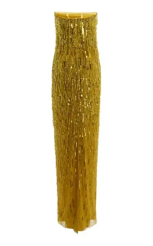 Monique Lhuillier Embroidered Fringe Strapless Maxi Dress
