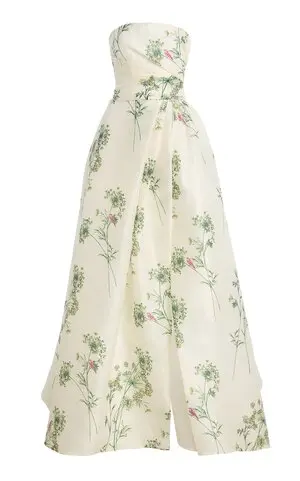 Monique Lhuillier Strapless Floral Gazar Gown - White