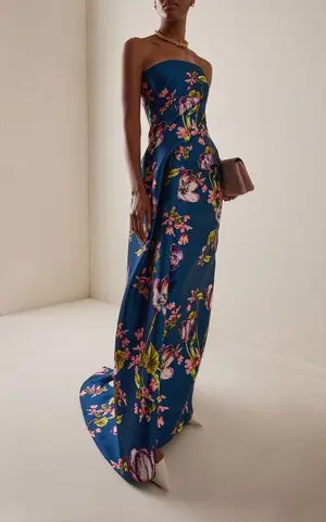 Monique Lhuillier Strapless Draped Bodice Maxi Dress With Side Train