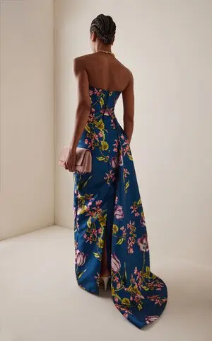 Monique Lhuillier Strapless Draped Bodice Maxi Dress With Side Train