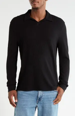 John Varvatos Zack Basket Stitch Long Sleeve Polo - Black