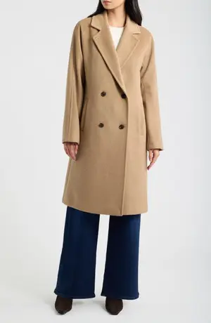 Calvin Klein Boyfriend Double Breasted Wool Blend Coat - Camel