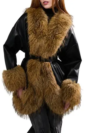AZALEA WANG Maelle Faux Fur Trim Faux Leather Jacket Black