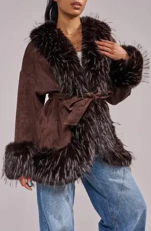 AZALEA WANG Maelle Faux Fur Trim Faux Leather Jacket - Espresso