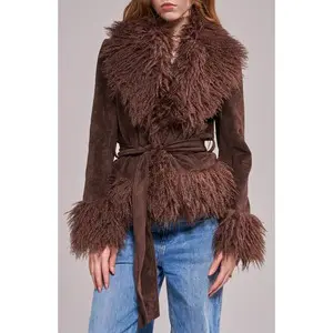 AZALEA WANG Tori Faux Fur Trim Trench Coat Chocolate