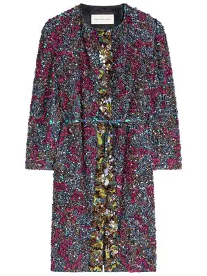 DRIES VAN NOTEN Embroidered Coat With "marbled Clay" Prints In Petrol