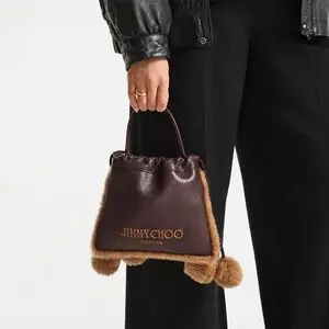 JIMMY CHOO Drawstring Pouch Top Handle Chocolate And Toffee Biker Leather And Shearling Drawstring Pouch With Pom-poms