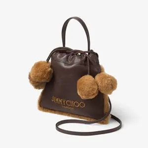 JIMMY CHOO Drawstring Pouch Top Handle Chocolate And Toffee Biker Leather And Shearling Drawstring Pouch With Pom-poms