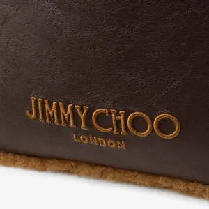 JIMMY CHOO Drawstring Pouch Top Handle Chocolate And Toffee Biker Leather And Shearling Drawstring Pouch With Pom-poms