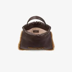 JIMMY CHOO Drawstring Pouch Top Handle Chocolate And Toffee Biker Leather And Shearling Drawstring Pouch With Pom-poms