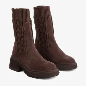 JIMMY CHOO Tamia Flat Chocolate Velvet Suede And Cable-knit Wool Chelsea Boots - Chocolate/chocolate