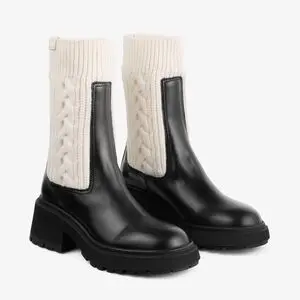 JIMMY CHOO Tamia Flat Black And Latte Shiny Calf Leather And Cable-knit Wool Chelsea Boots - Black/latte