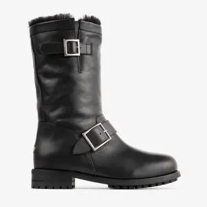 JIMMY CHOO Biker Mid Shiny Calf Leather Biker Mid Boots With Shearling Lining - Black