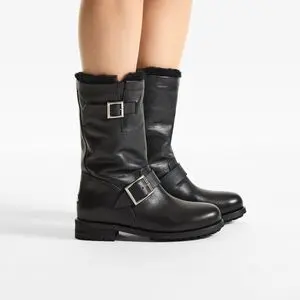 JIMMY CHOO Biker Mid Shiny Calf Leather Biker Mid Boots With Shearling Lining - Black