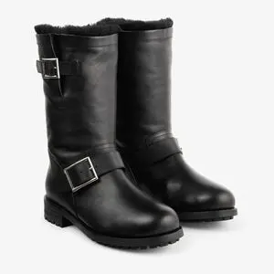 JIMMY CHOO Biker Mid Shiny Calf Leather Biker Mid Boots With Shearling Lining - Black