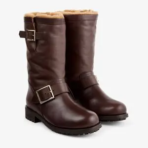 JIMMY CHOO Biker Mid Chocolate And Teddy Shiny Calf Leather Biker Mid Boots With Shearling Lining - Chocolate/teddy