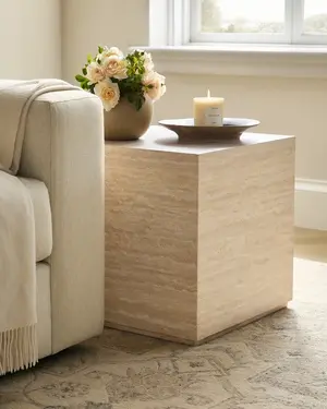 Quince Travertine Plinth End Table