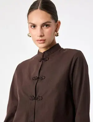 Koton Mandarin Collar Long Sleeve Poplin Shirt With Frog Closure