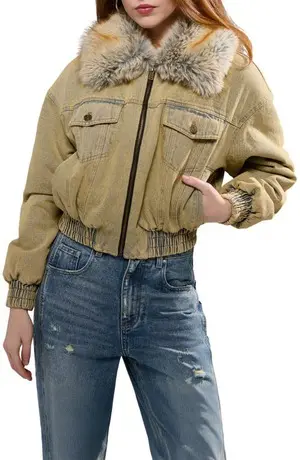 AZALEA WANG Evra Faux Fur Collar Bomber Jacket