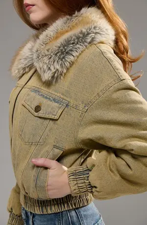 AZALEA WANG Evra Faux Fur Collar Bomber Jacket